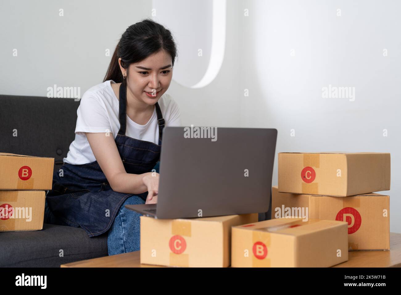 Small Business Startup, SME Owner, Female Entrepreneur work on parcel boxes Receipts and check ...