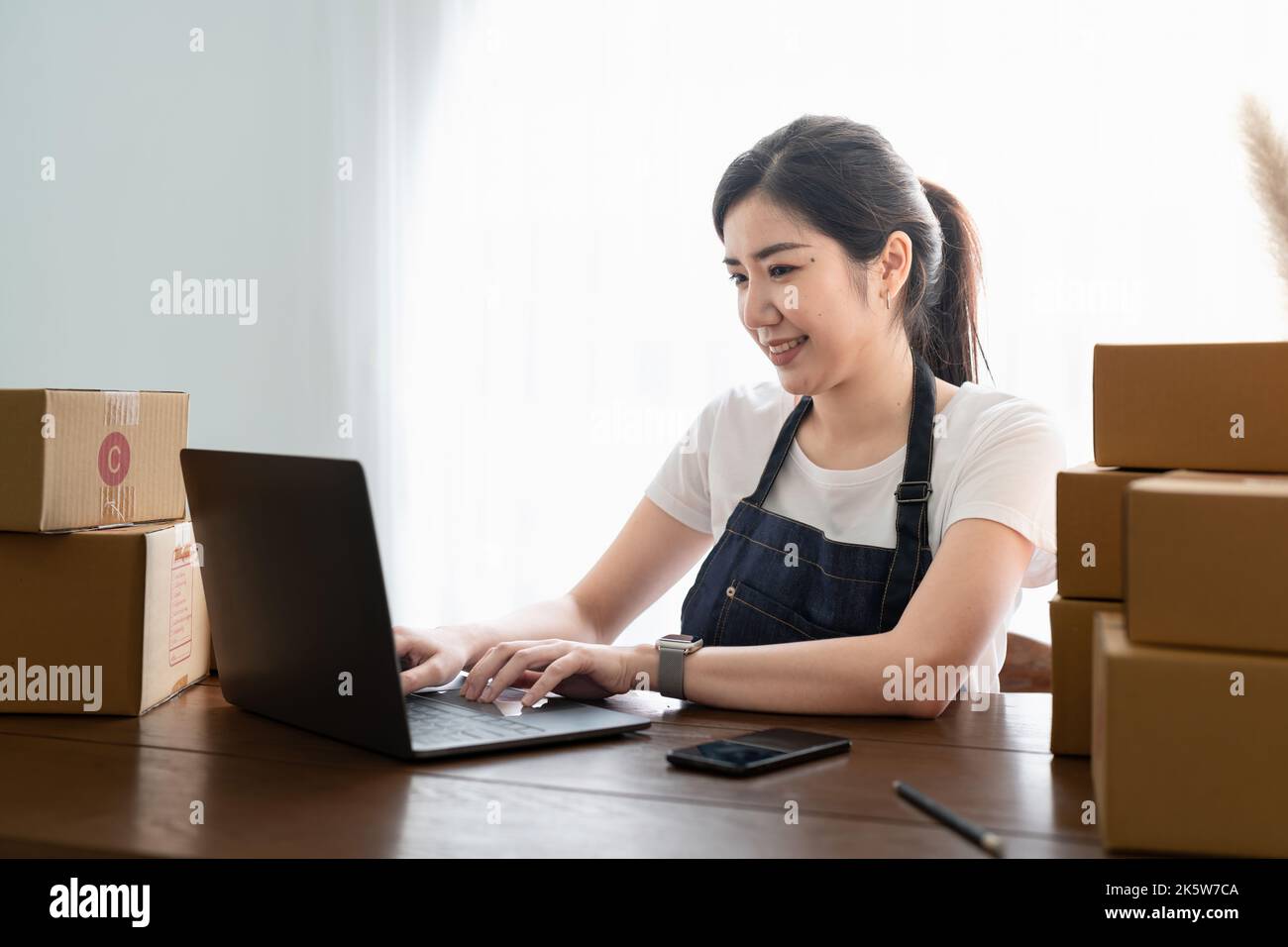 Small Business Startup, SME Owner, Female Entrepreneur work on parcel boxes Receipts and check ...