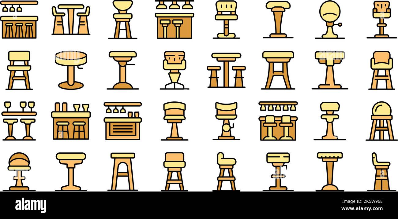 Bar stool icons set outline vector. Chair bench. Club furniture thin ...