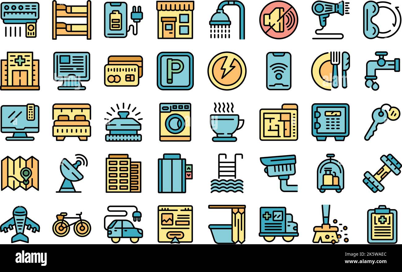 Facilities icons set outline vector. Hotel service. Transfer concierge ...