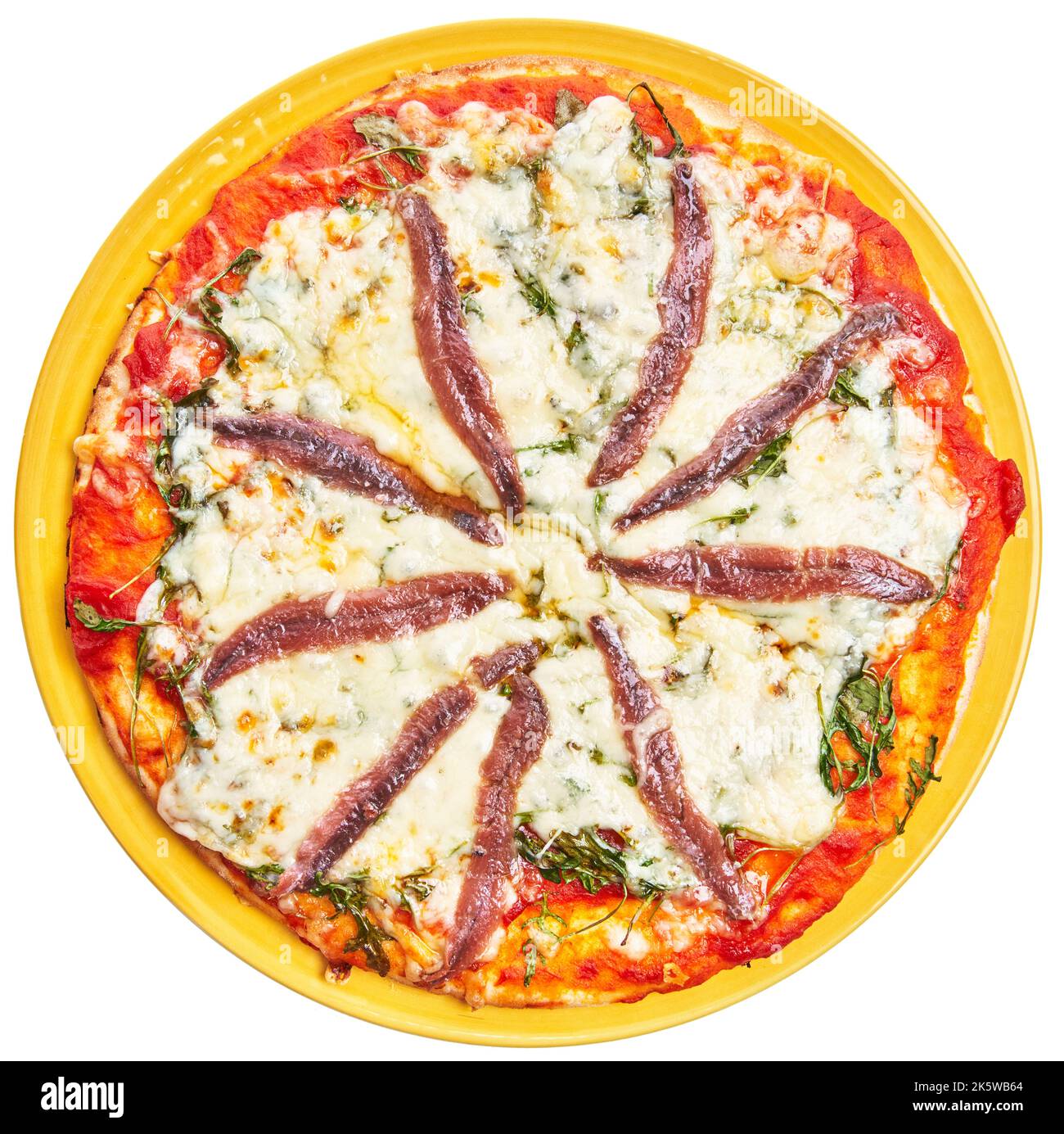Single italian anchovies pizza over white isolated background Stock ...