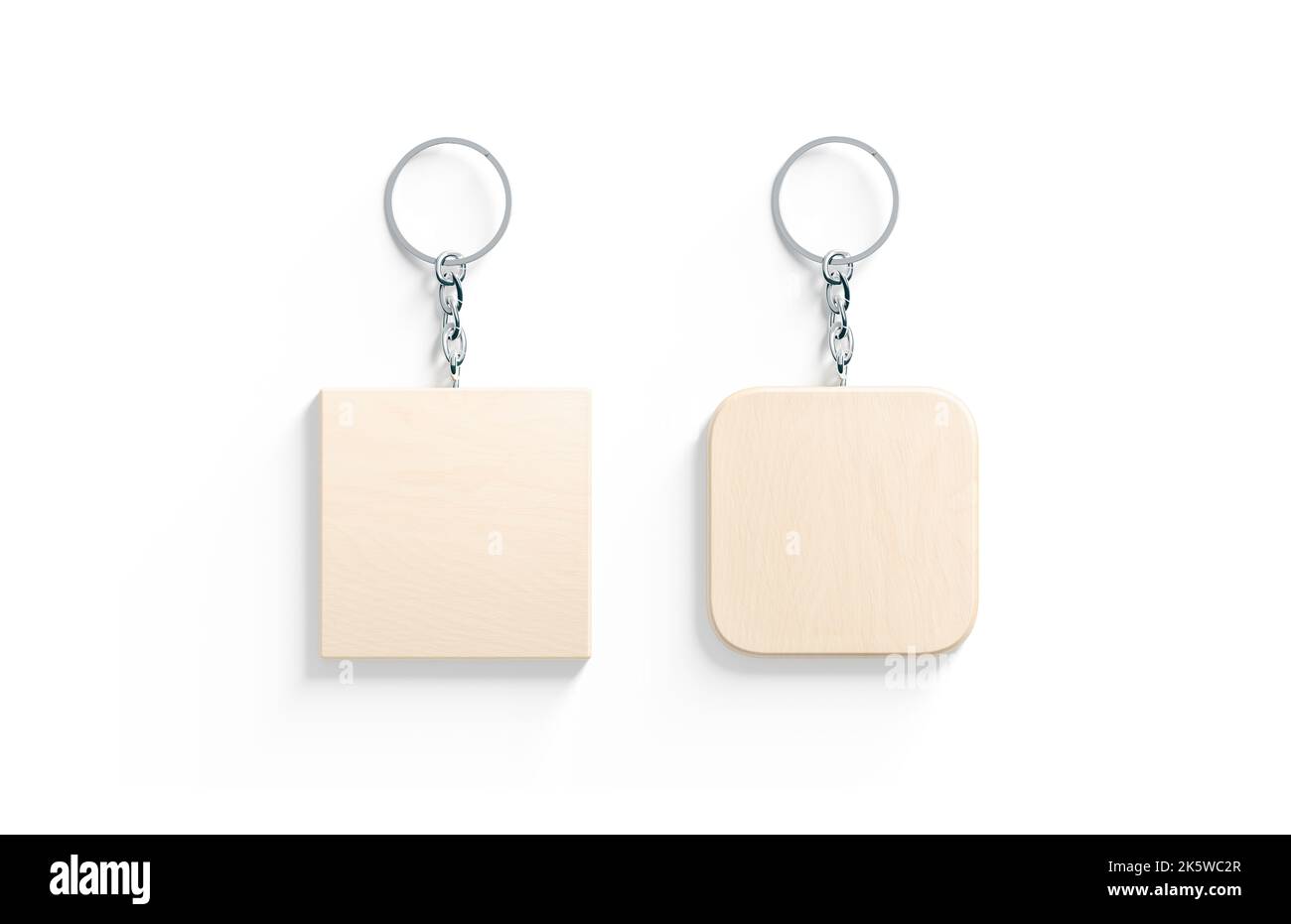 Blank wooden square tag on chain mockup, top view, 3d rendering. Empty ...