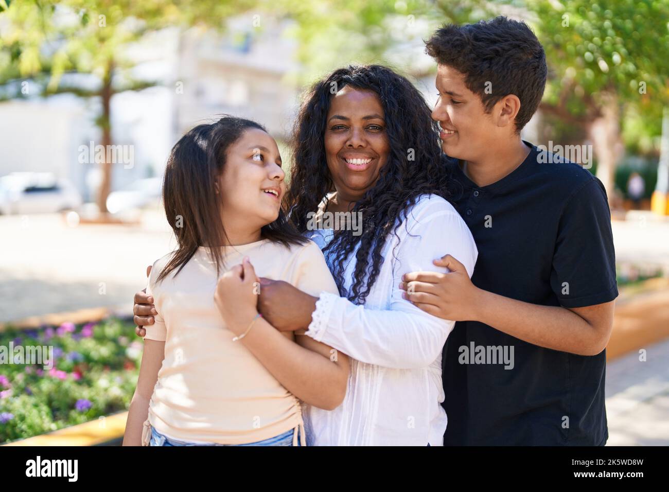 African american family hugging each other at park Stock Photo - Alamy