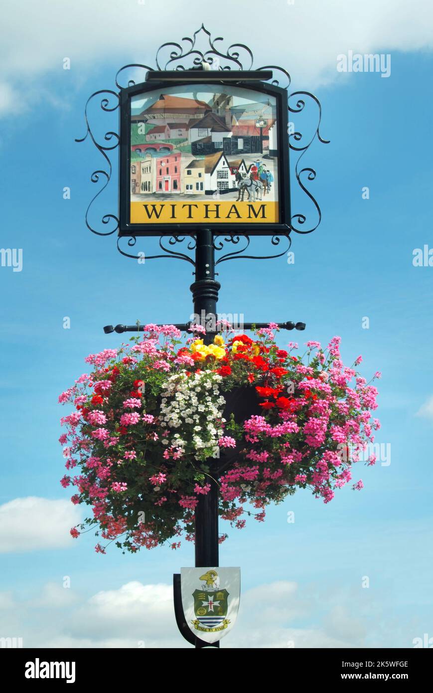 Witham town centre Newland Street sign depicting historical features ...