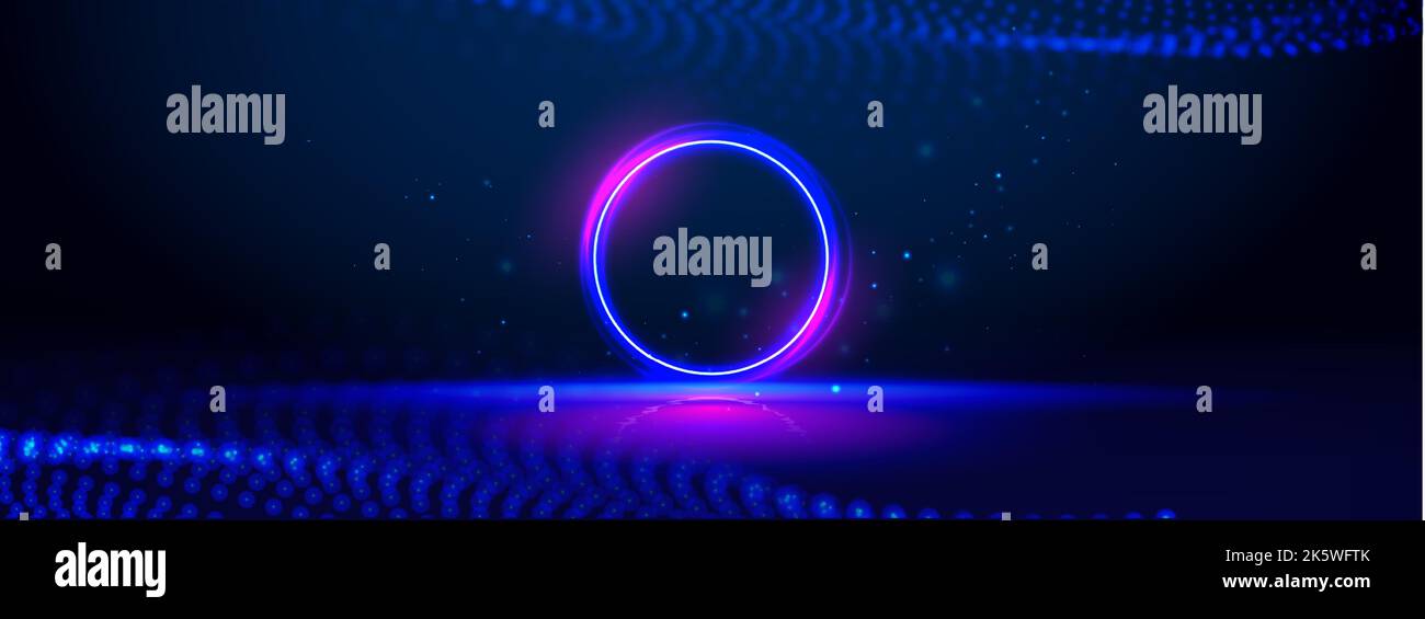 Wide panoramic background with glowing neon circle. Hi-tech background ...