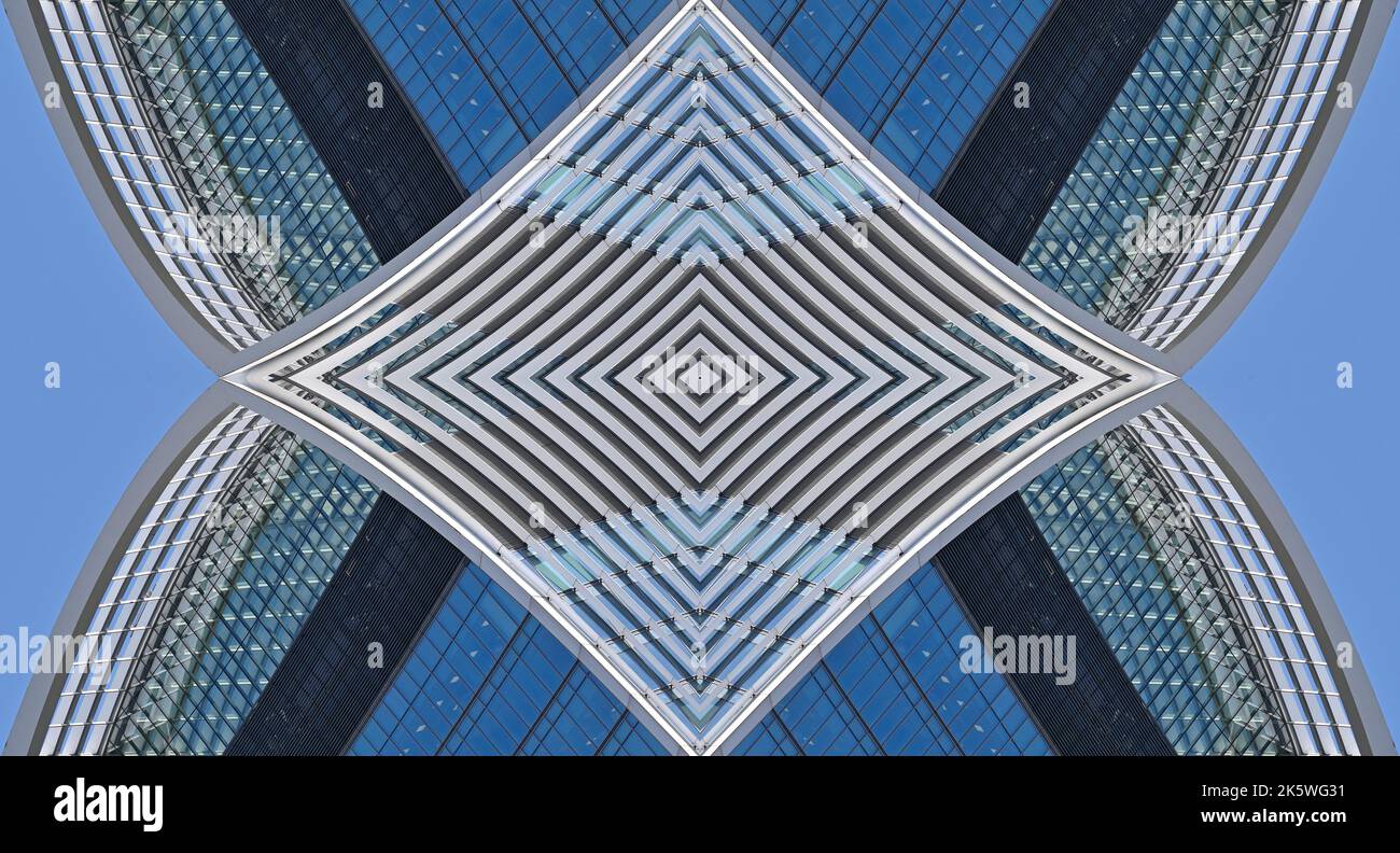 An abstract kaleidoscopic composition of a building flipped and joined ...