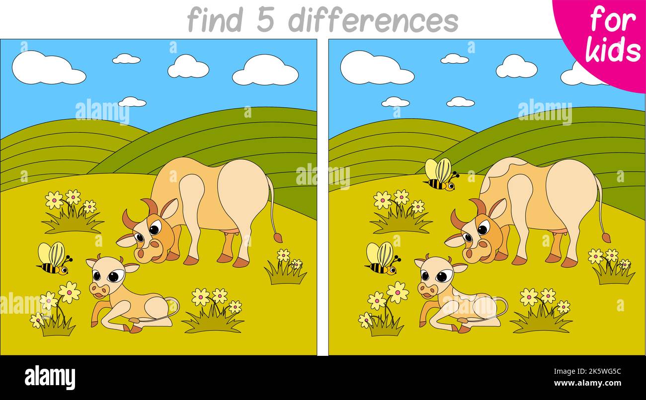 Cow and calf on a green meadow. Logic game for children. You need to ...