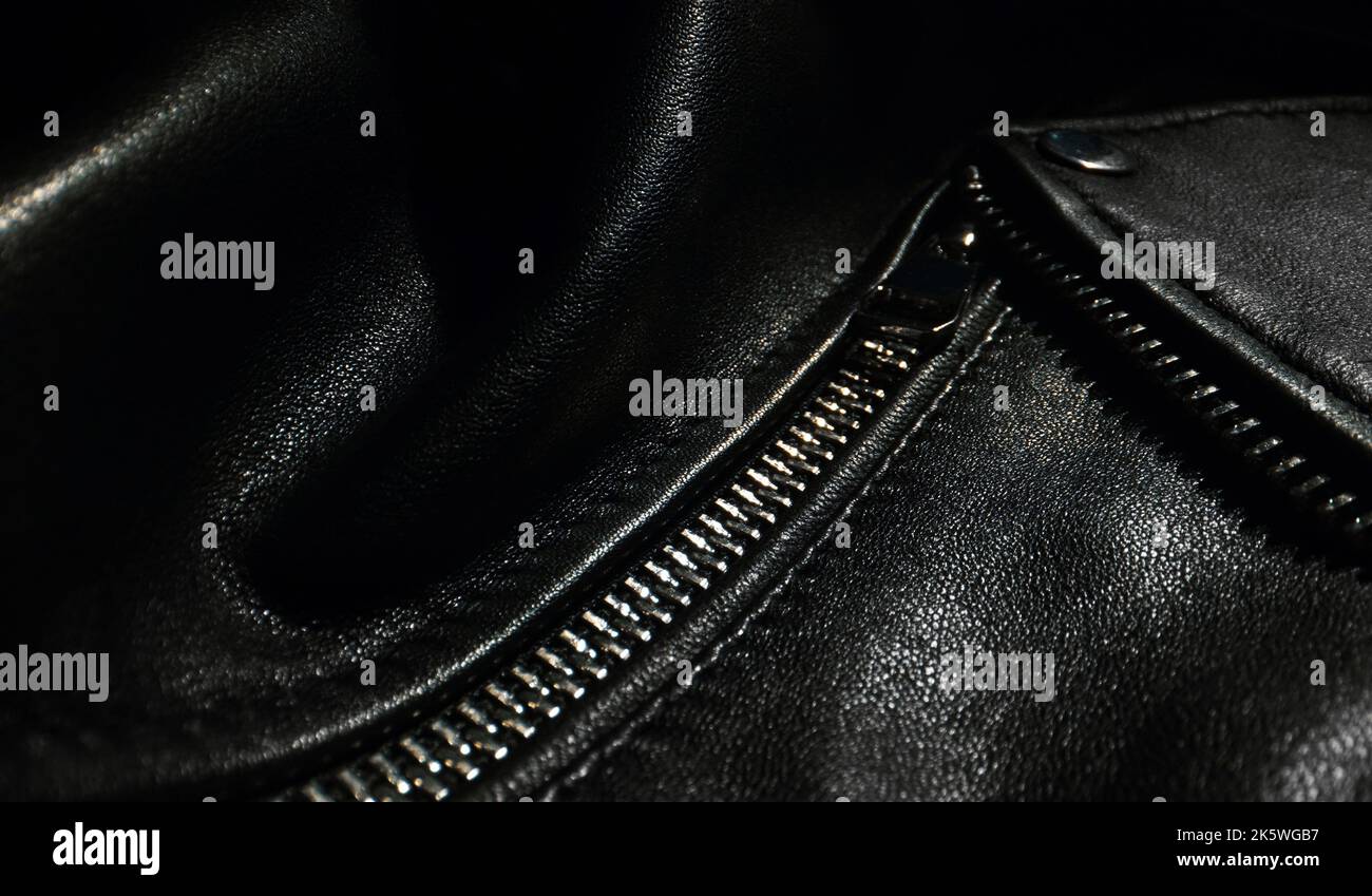 Black leather jacket details. Close-up Stock Photo - Alamy