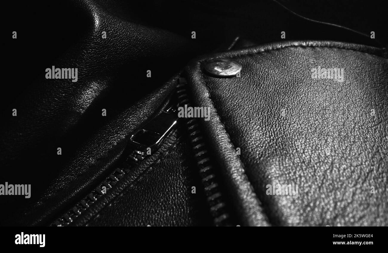 Black leather jacket details. Close-up Stock Photo - Alamy