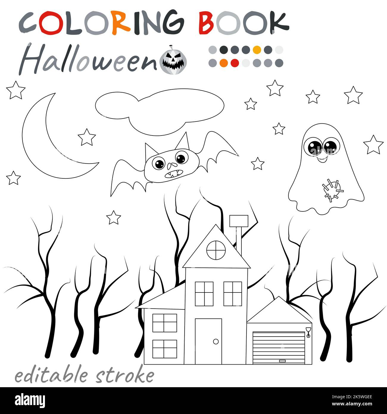 Happy Halloween. House, trees, ghost and bat. Halloween coloring page ...