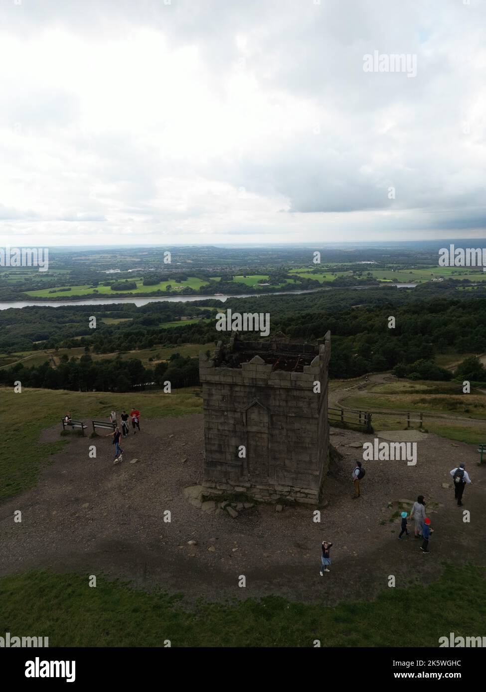 A vertical aerial view of the Rivington Pike Tower Stock Photo - Alamy