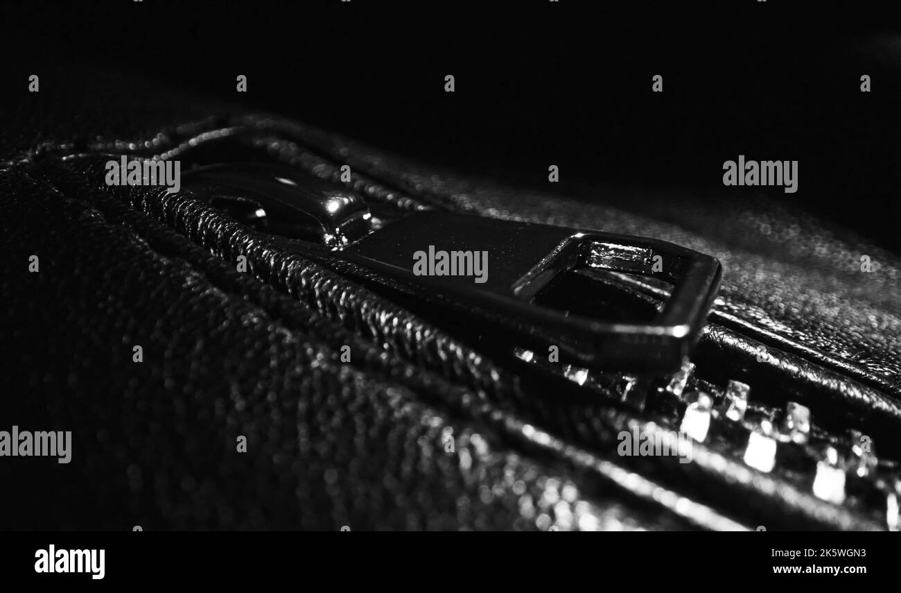 Black leather jacket details. Close-up Stock Photo - Alamy