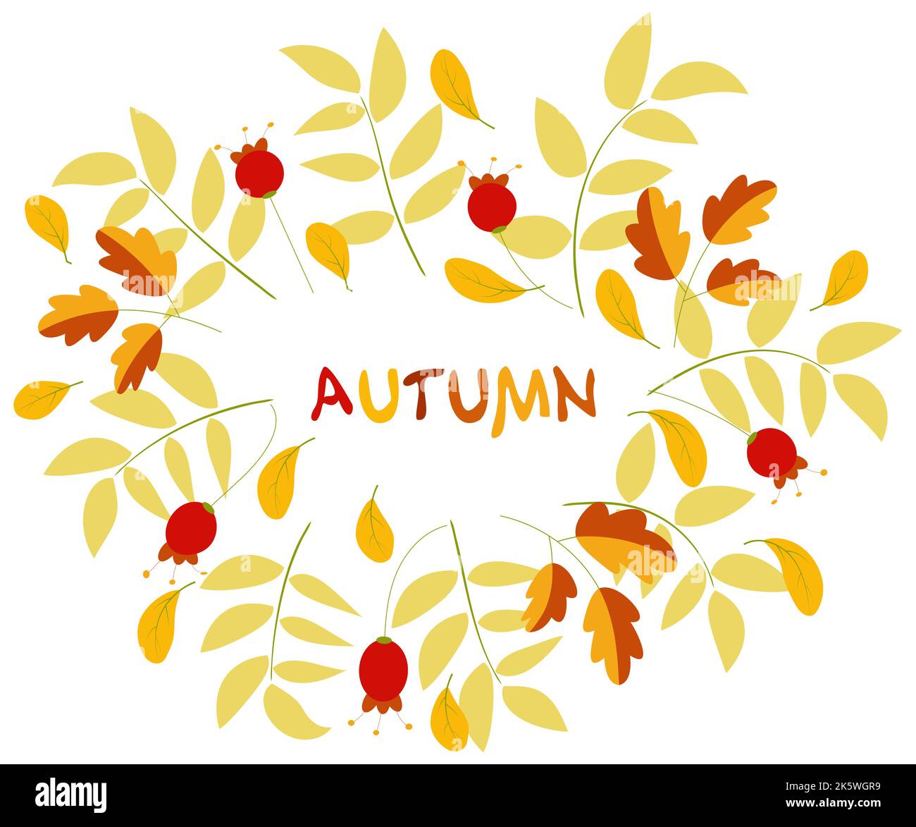 Leaves and red berries. The inscription autumn in an oval frame. Autumn ...