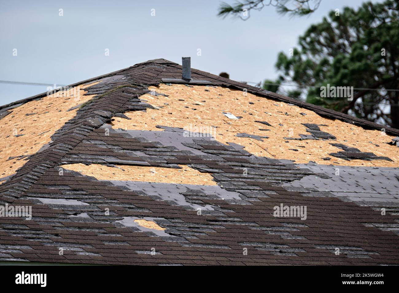 Wind damaged house roof with missing asphalt shingles after hurricane ...