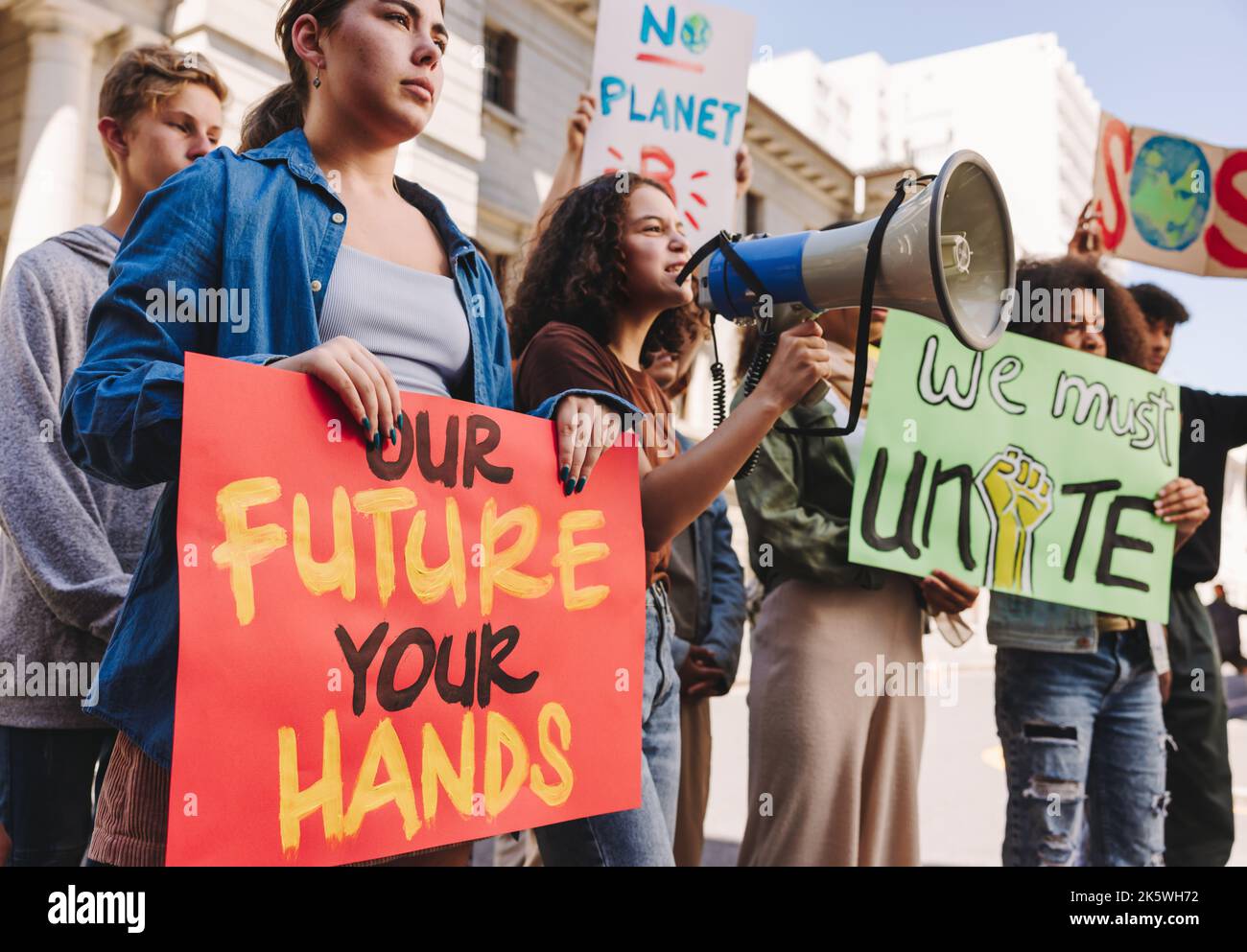Youth strike for climate change. Diverse young people marching for ...