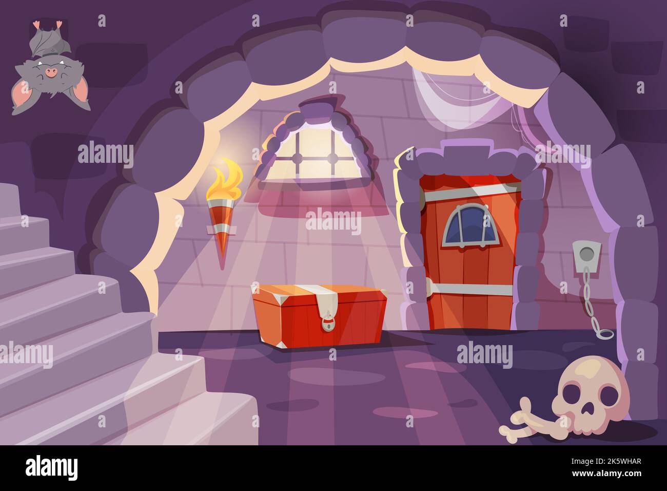 Vector cartoon of castle dungeon with torch with fire, iron shackles on ...