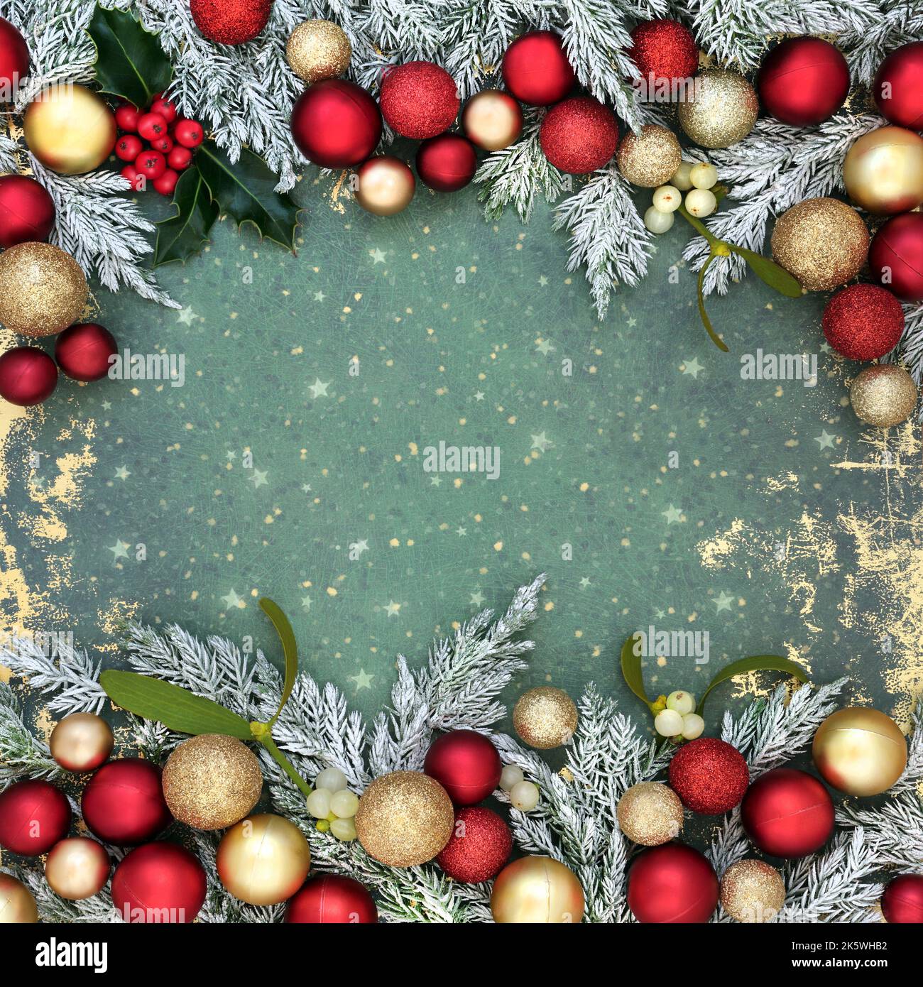 Christmas tree decorations flora background border with snow covered ...