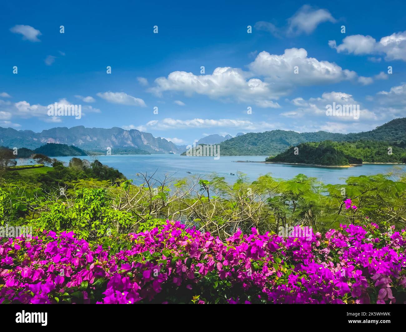 Beautiful lake landscape with flowers and mountain range in background ...