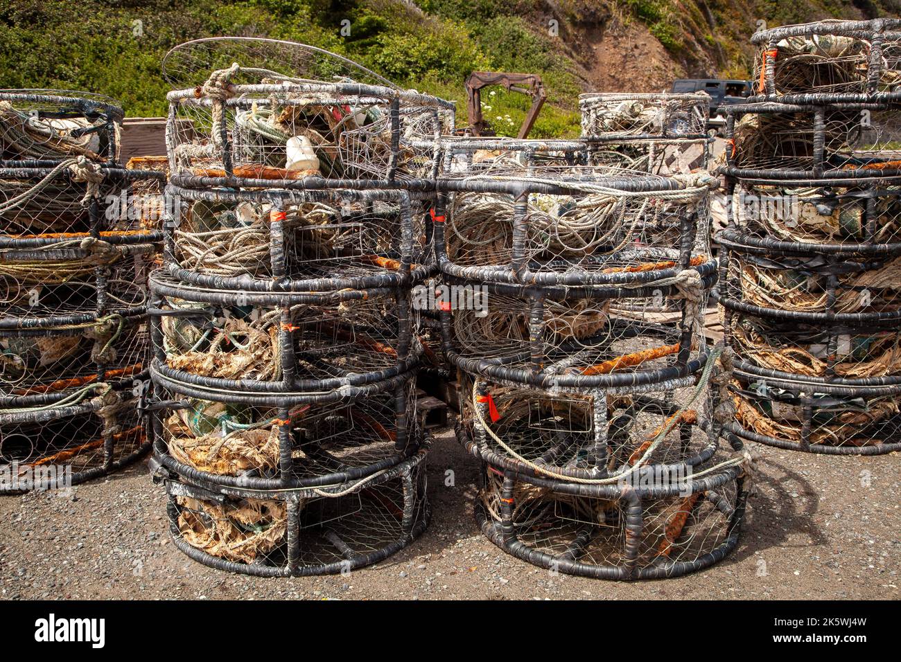 Crab traps on shore stacked and ready to go out crabbing Stock Photo ...