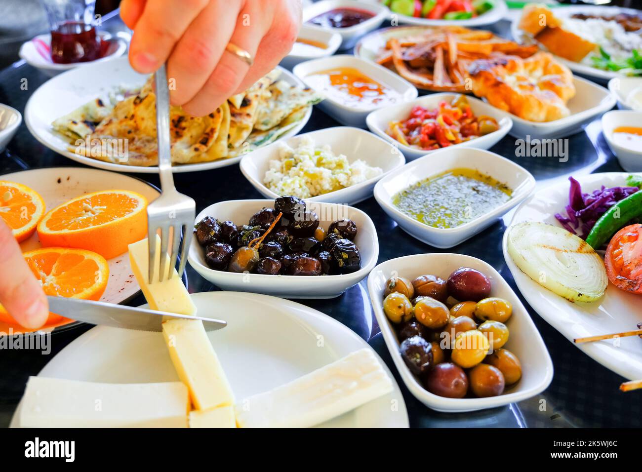 Traditional Turkish breakfast. Plates with various appetizers Stock ...