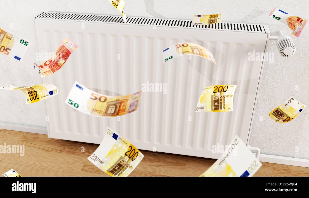 Euro banknotes falling with central heating radiator on wall in modern ...