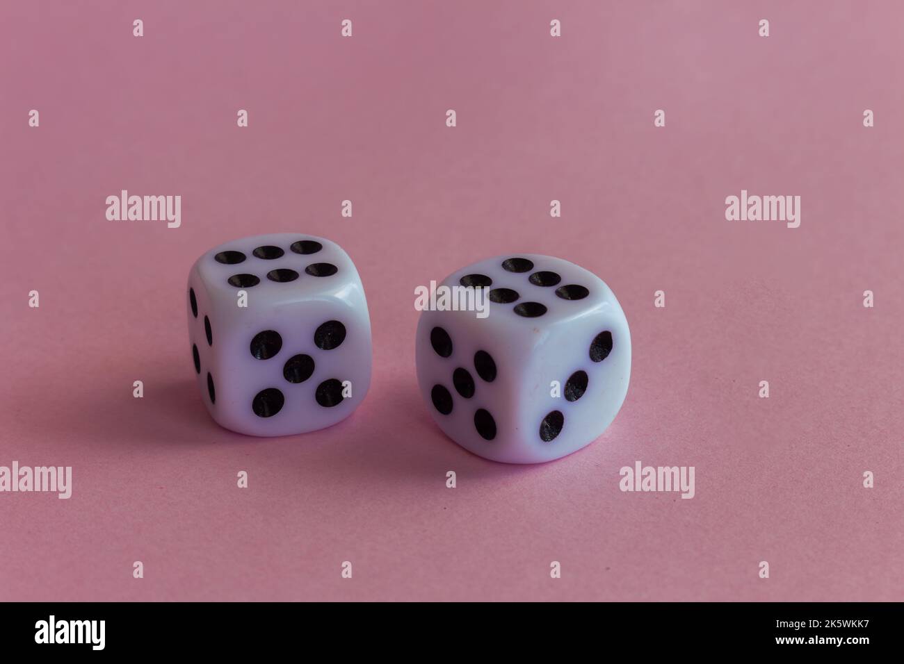 Two white plastic dice on a neutral pink background. Free space to ... Two white plastic dice on a neutral pink background. Free space to ...