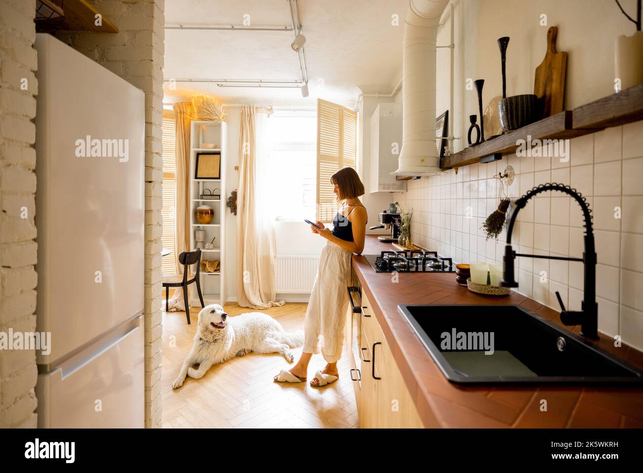 Woman with dog in modern and stylish kitchen Stock Photo - Alamy