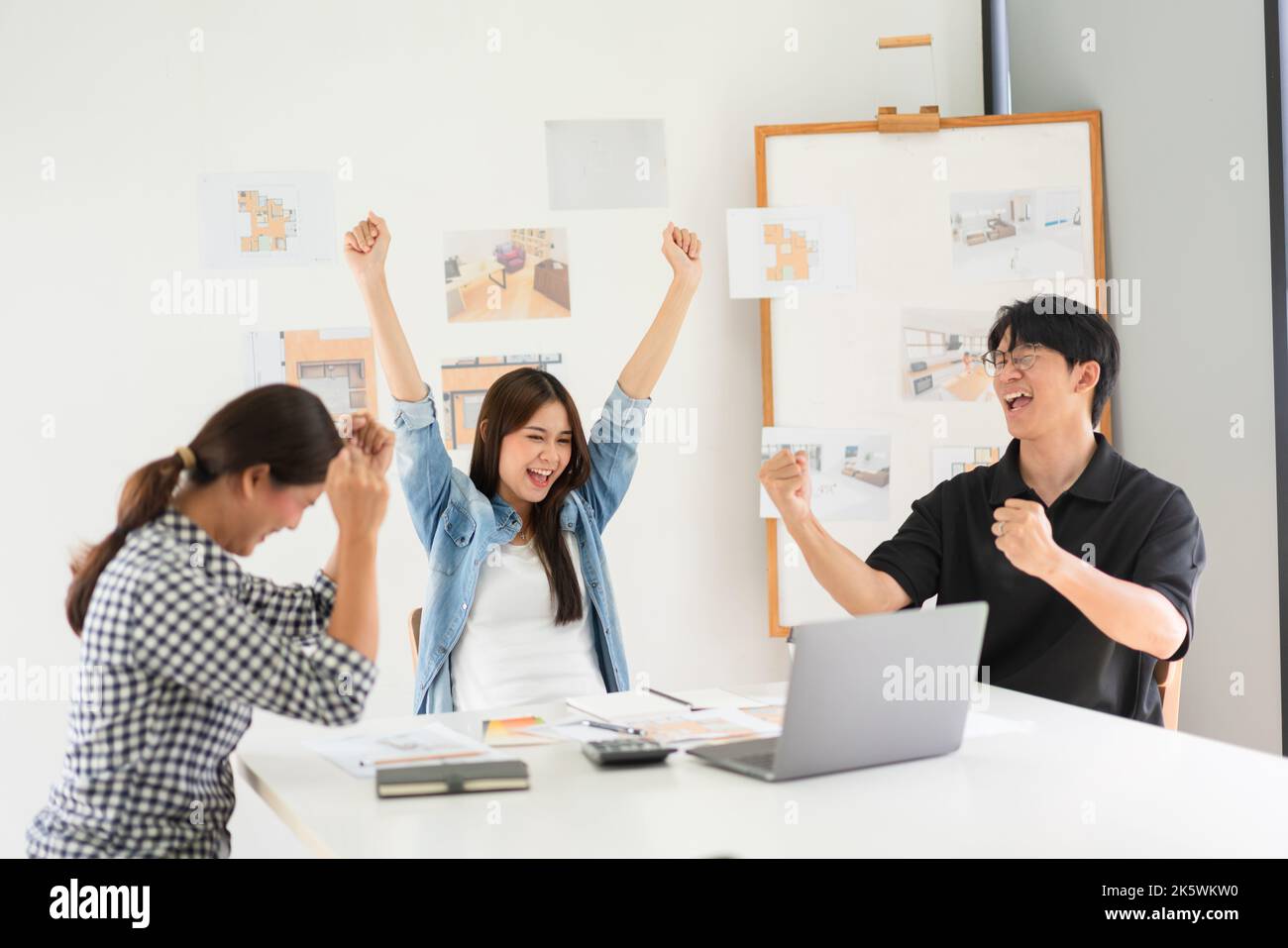 Construction design concept, Architects team raising arms to celebrate ...