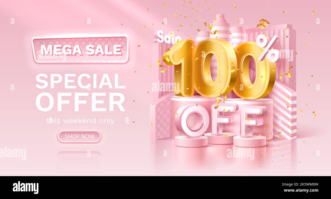 100 percent Special offer mega sale, golden confetti, podium and gift ...
