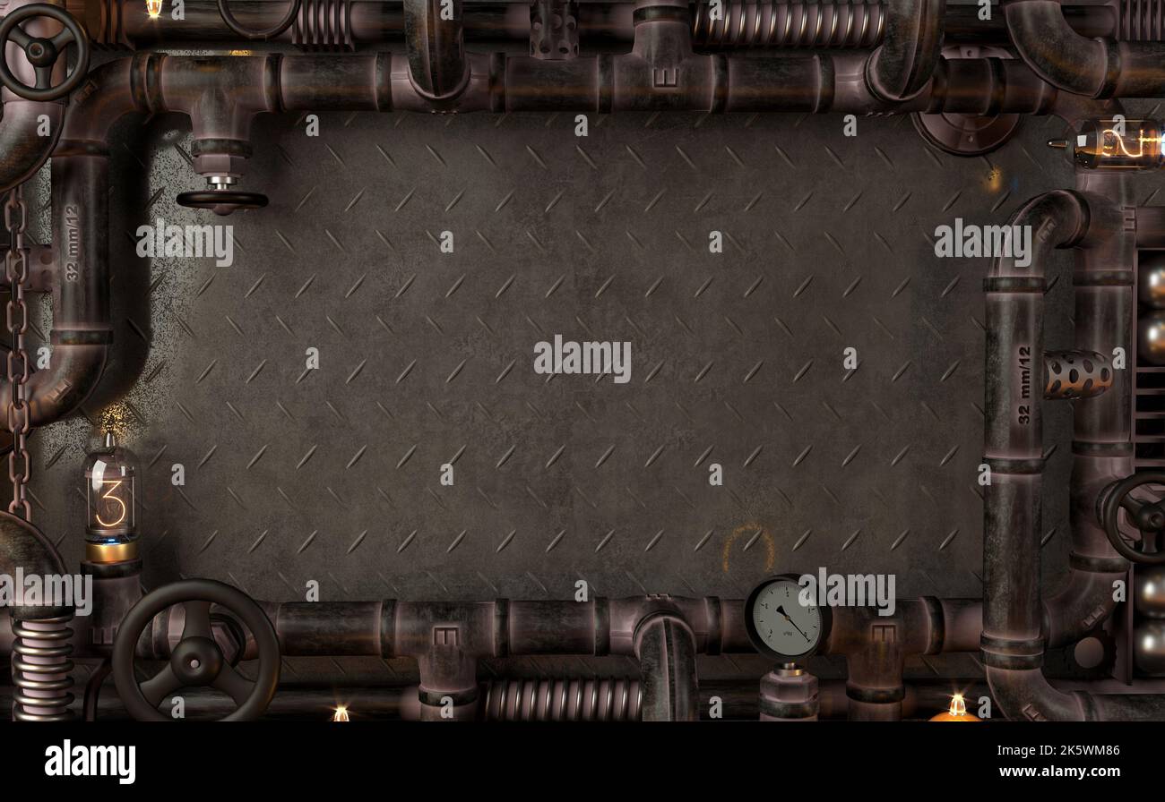 Background dark wall loft steampunk lamp from pipes Stock Photo - Alamy