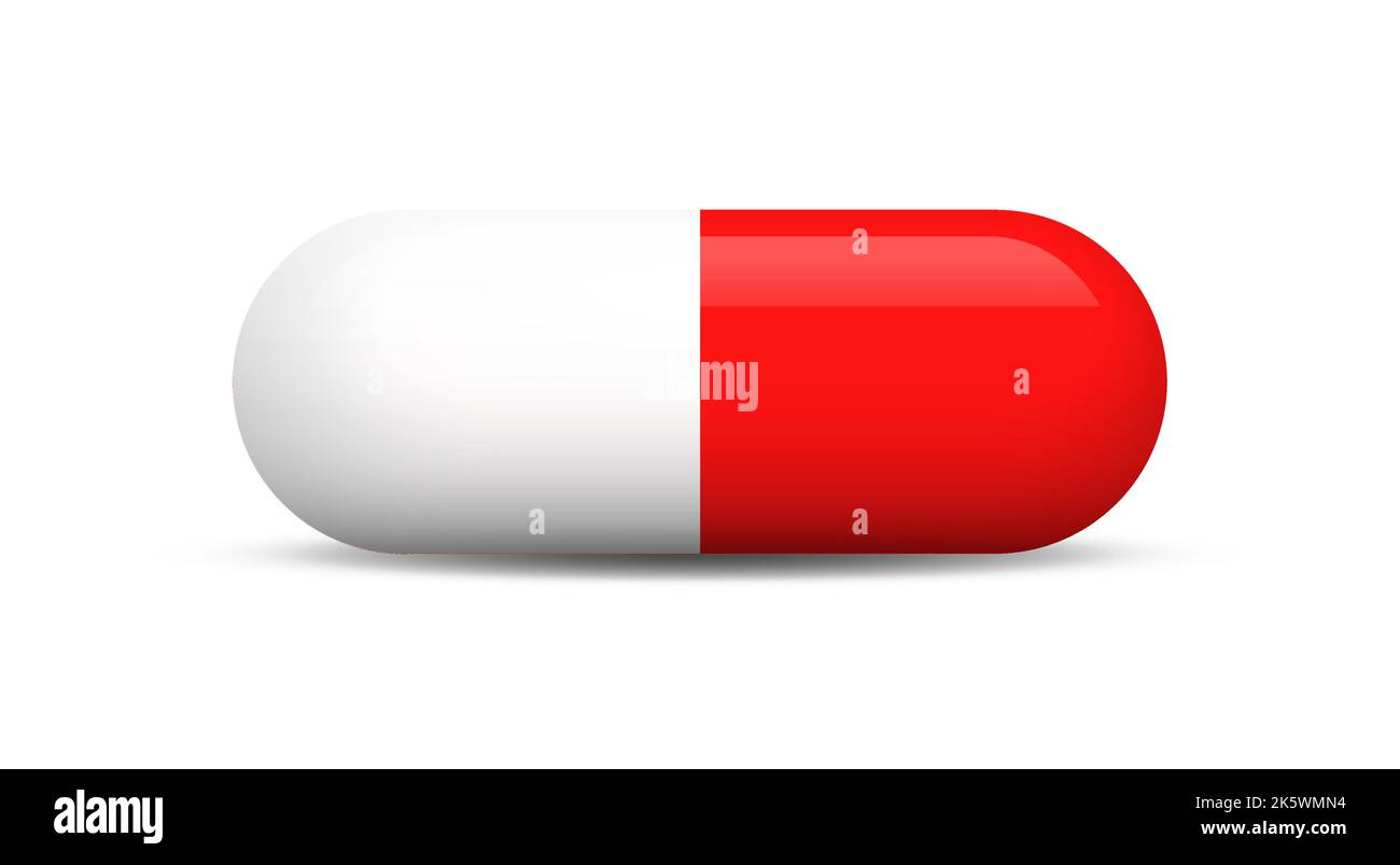 Red And White Capsule Pill Isolated On White Background Closeup Vector