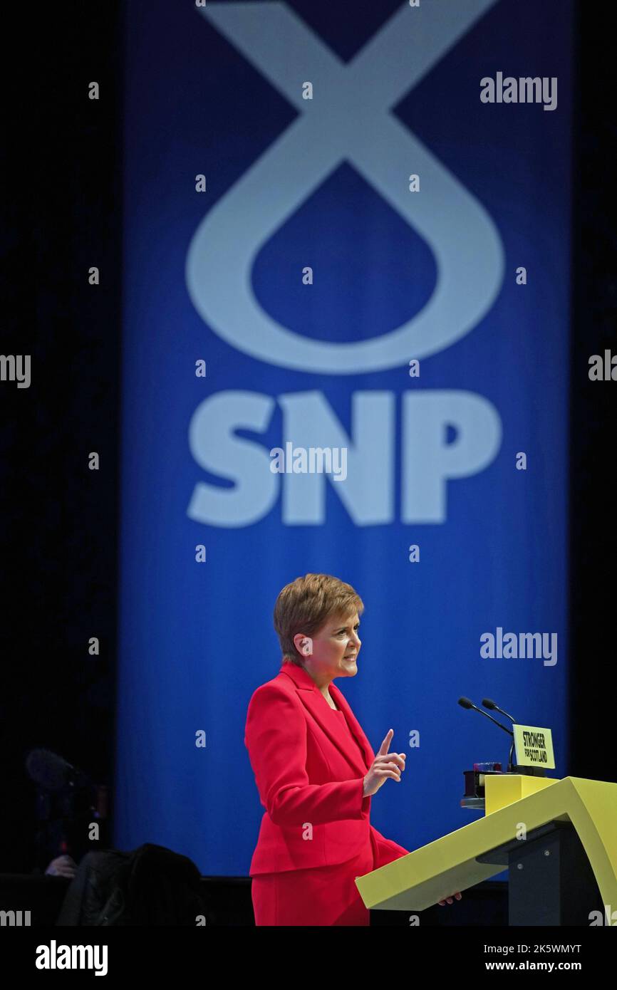 First Minister Nicola Sturgeon delivers her keynote speech during the SNP conference at The ...