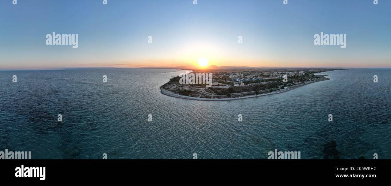 A aerial panoramic shot of the coastline of Cyprus with a beautiful ...