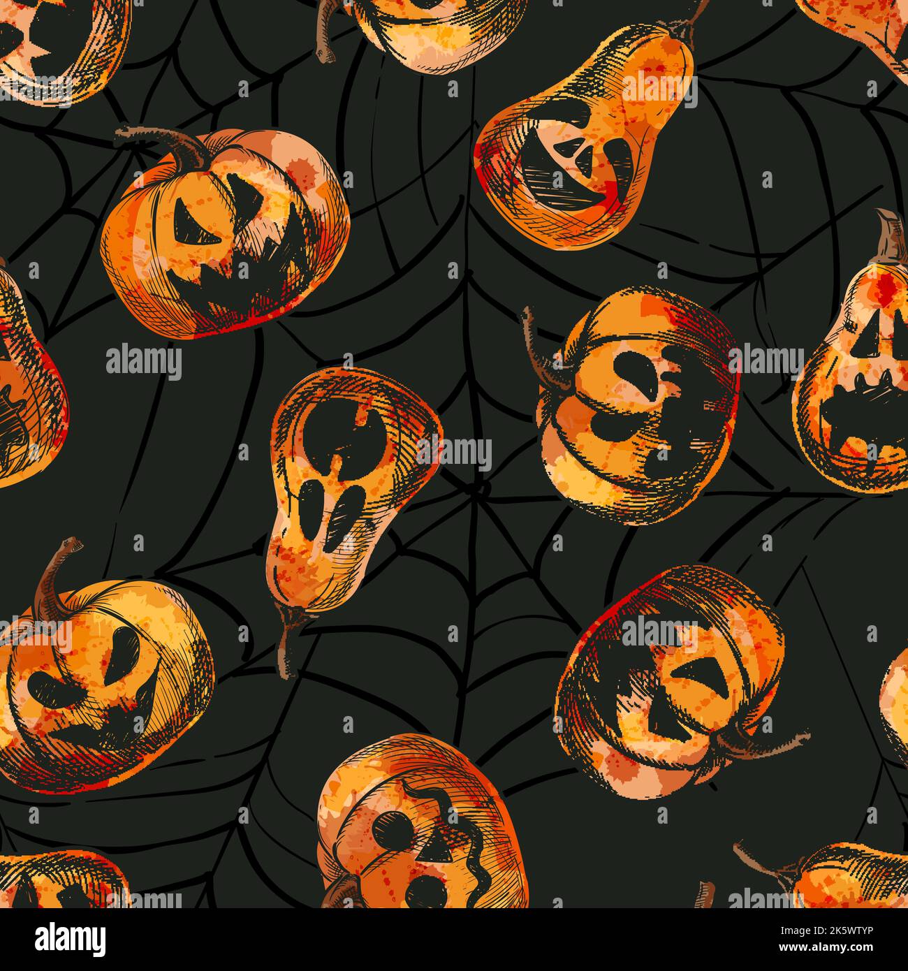 Halloween spooky emotion pumpkins seamless pattern. Vector hand drawn ...