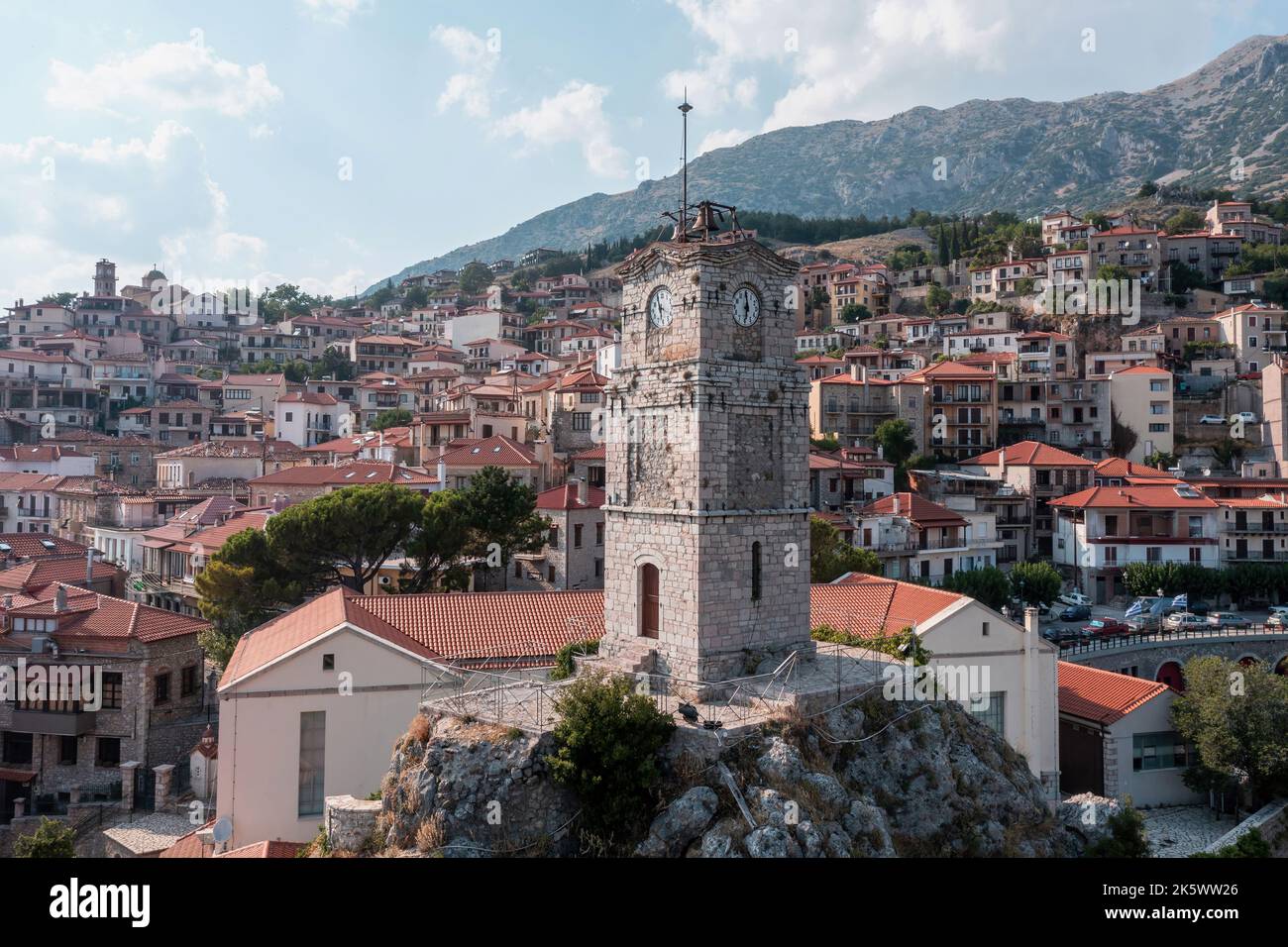 Arachova Greece, Traditional mountain town aerial drone view. Tiled ...