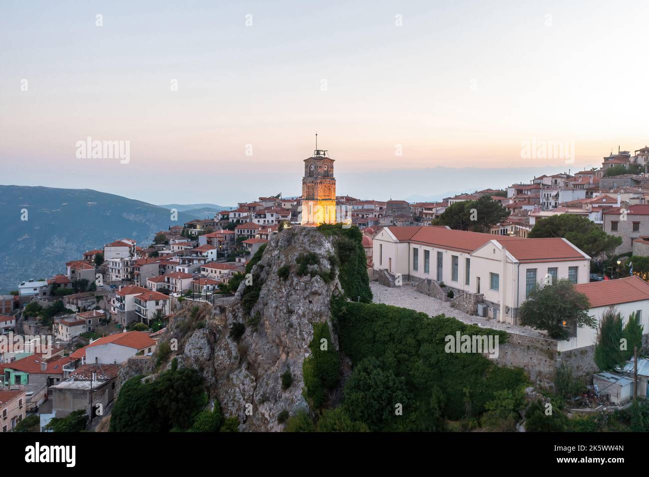 Arachova Greece mountain town aerial drone view. Traditional houses and ...