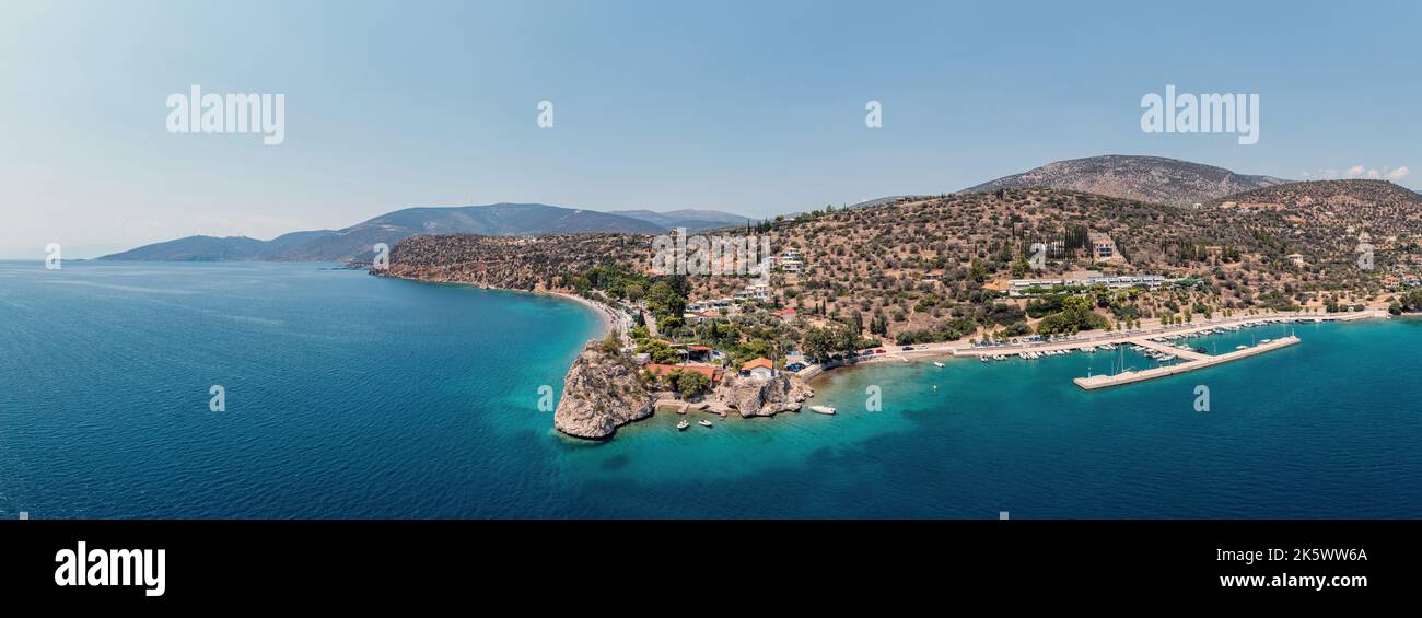 Antikyra Gulf Greece, aerial panoramic drone view. Village, boat marina ...