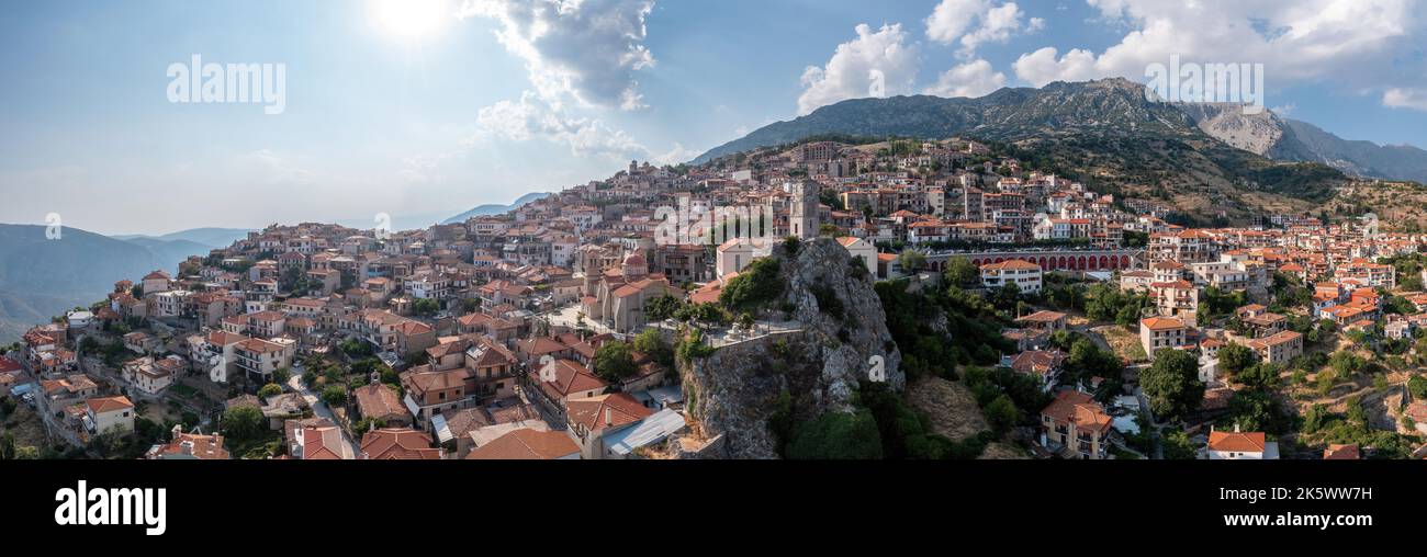 Greece, Arachova village in Boeotia aerial panoramic view. Traditional ...