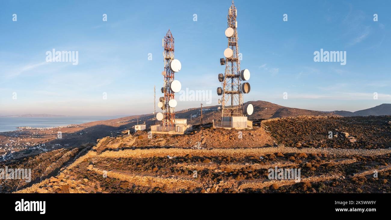 Cell tower. Cellular base station, mobile phone antenna aerial view. 5G radio network telecom ...