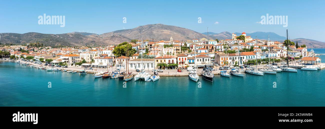 Galaxidi Greece from above, aerial panorama drone view, sunny day ...