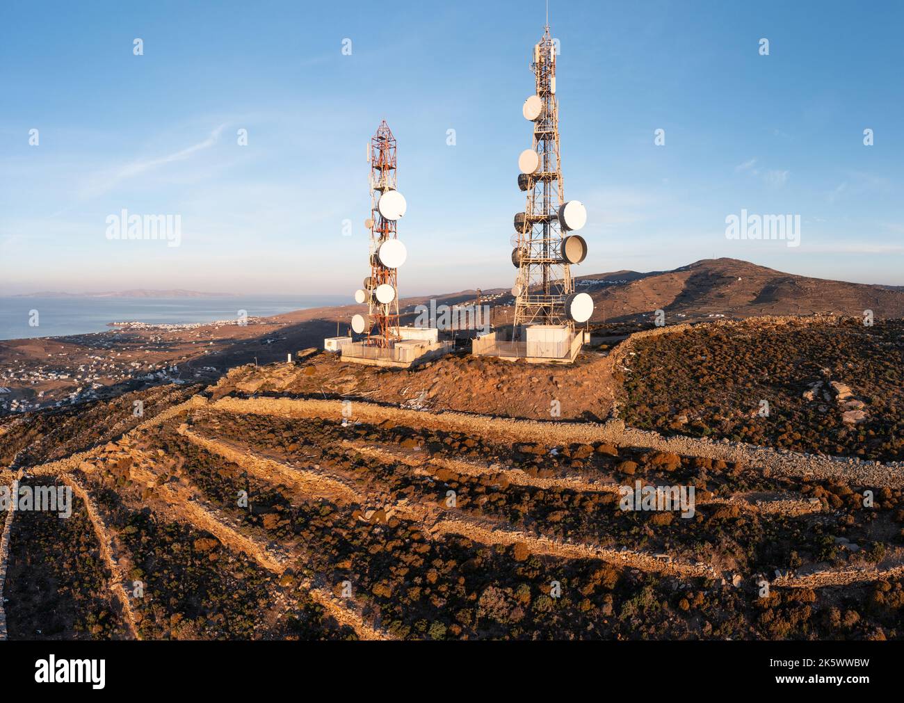 Cell tower. Mobile phone antenna, cellular base station aerial view. 5G radio network telecom ...