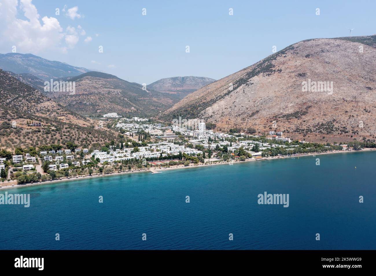 Greece, Aspra Spitia Village in Boeotia aerial drone view. Waterfront ...