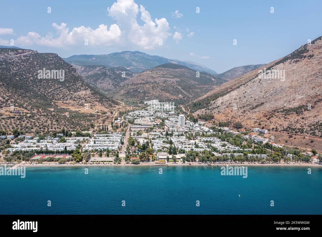 Greece, Aspra Spitia Village in Boeotia aerial drone view. Waterfront ...