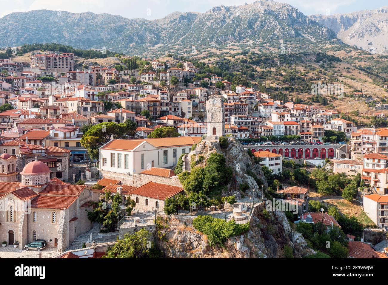 Arachova Greece, Traditional mountain town aerial drone view. Tiled ...