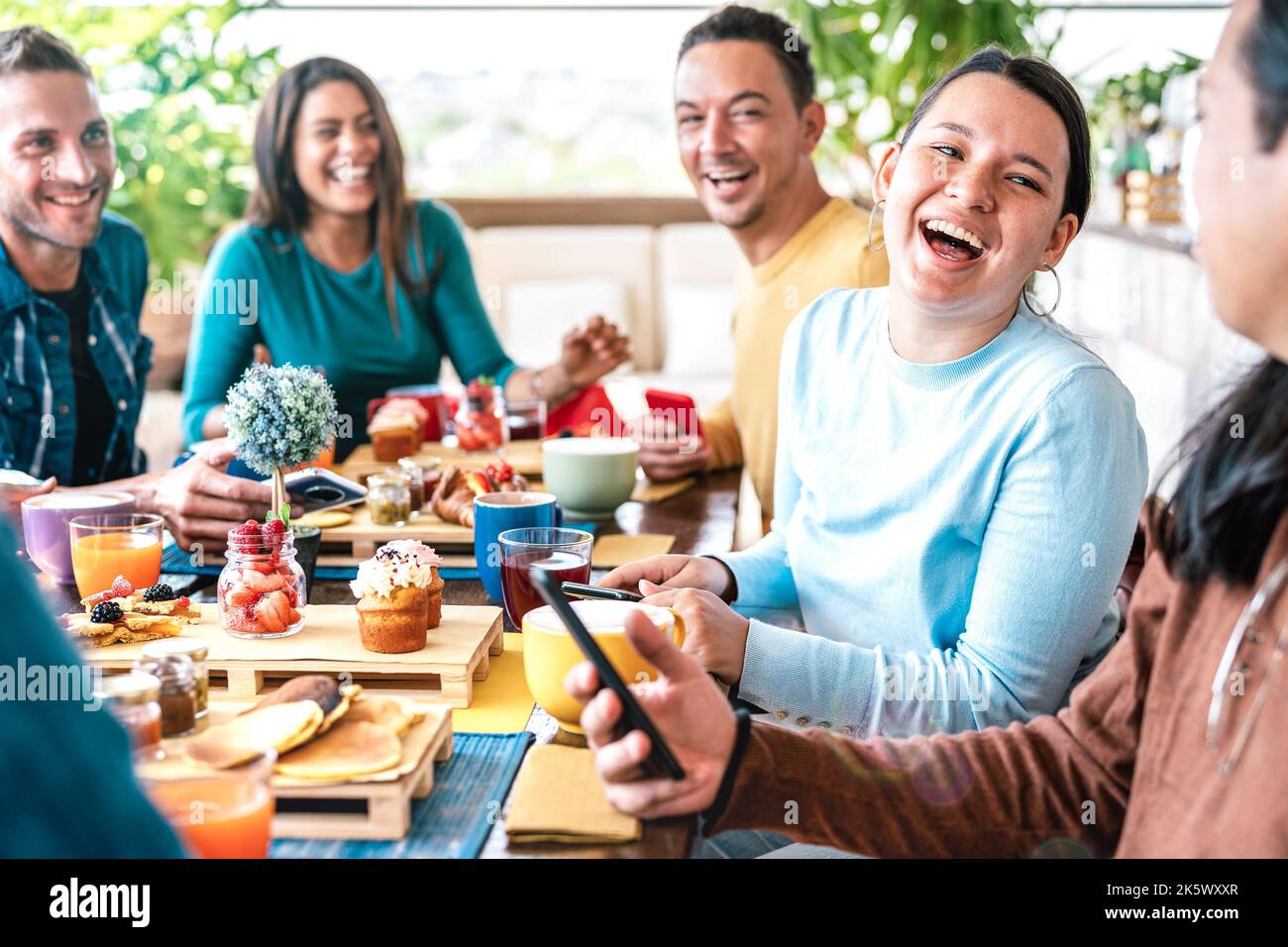 People group talking at coffee bar restaurant - Friends having fun ...