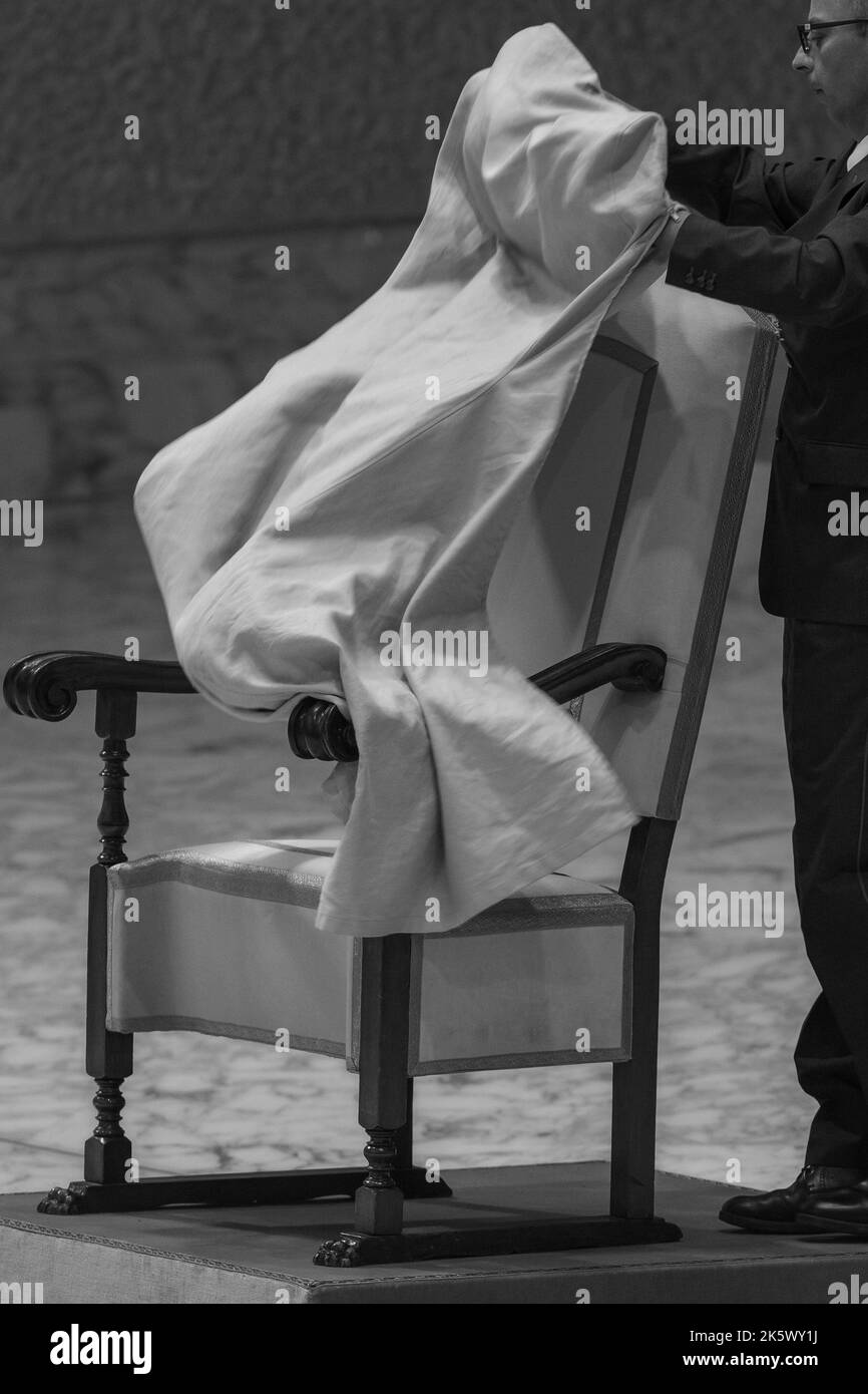 Vatican City, Vatican, 10 october 2022. The chair used by Pope Francis ...