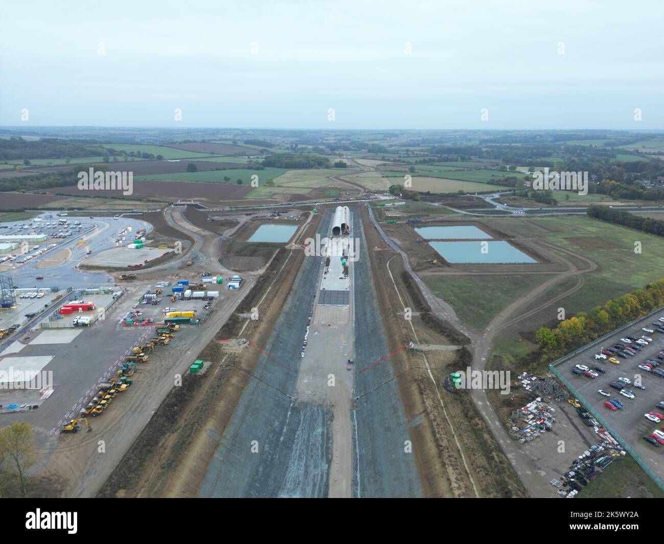 HS2 high speed rail network tunnel construction site aerial photo. Chipping Warden ...