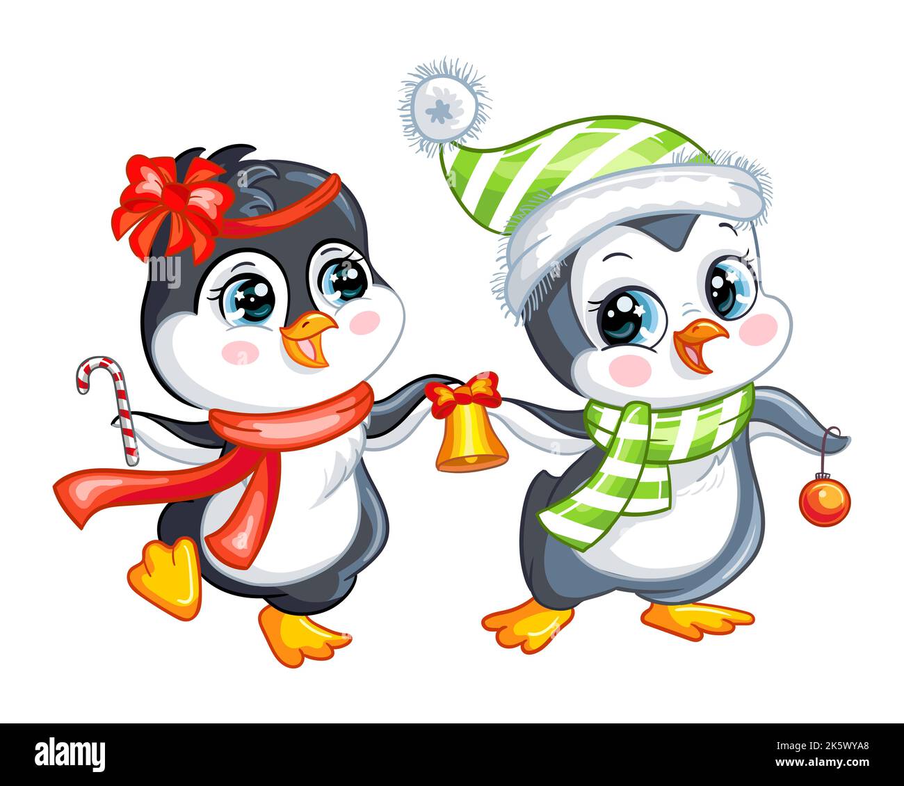 Two cute merry penguins with bell, candy cane and christmas ball ...