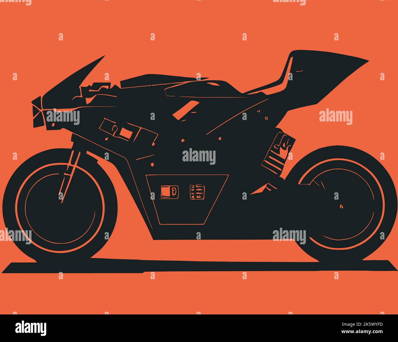 An editable cartoon-style black motorcycle over the coral background ...