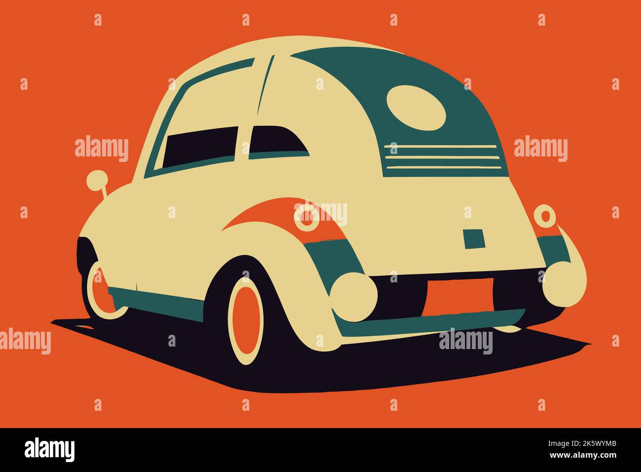 An editable cartoon-style beige retro car over the orange background ...